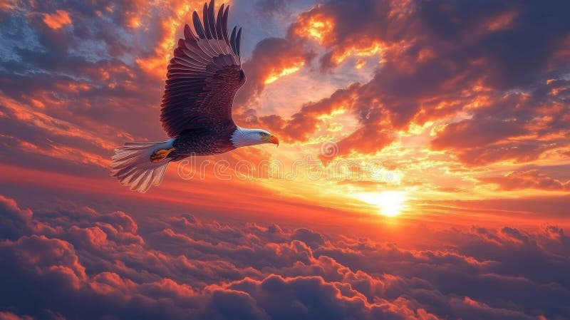 Bald Eagle Soaring Above the Clouds at Sunset, Vibrant Sky. Freedom and ...