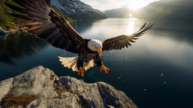 Bald Eagle Soaring Above Majestic Norwegian Landscape Stock ...