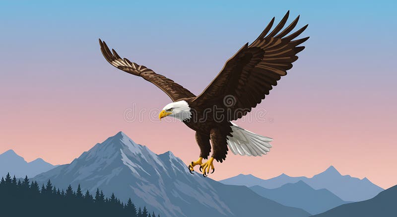 Bald Eagle Soaring Above Mountain Landscape at Sunset Vector ...