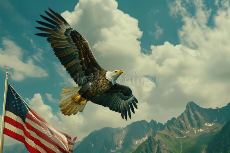Bald Eagle Soaring Above Mountains with American Flag Stock Photo - Image of animal, stripes ...