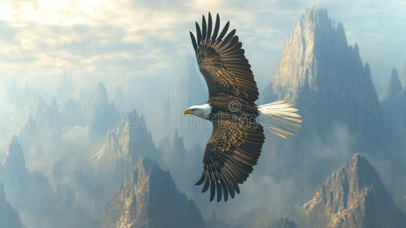 Bald Eagle Soaring Above Mountains: a Majestic Image of a Bald Eagle Soaring High Above a ...