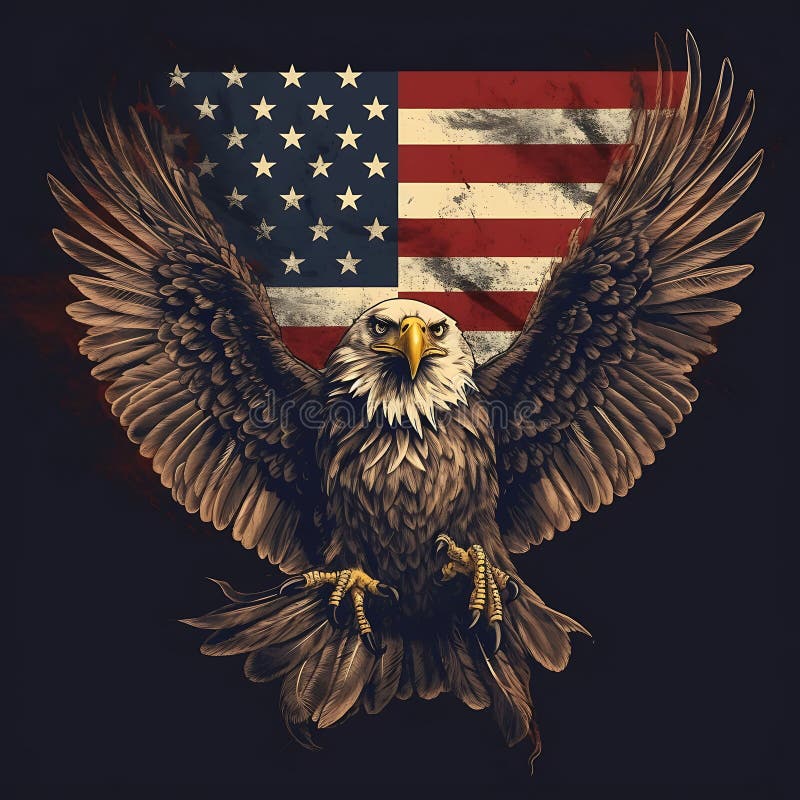 Bald Eagle Soaring with American Flag in the Background Stock ...