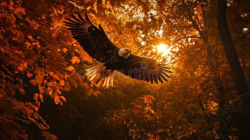 Bald Eagle Soaring through Autumn Forest Canopy Stock Illustration ...