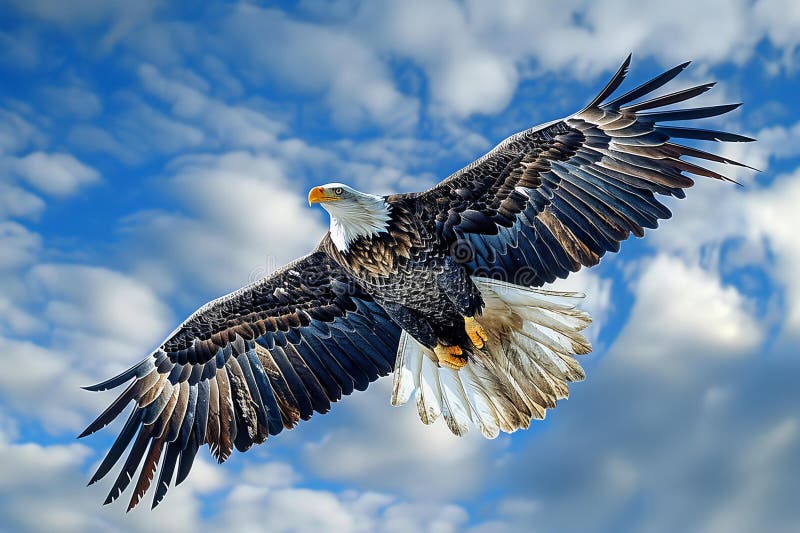 Bald Eagle Soaring through a Blue and White Sky with Clouds Stock Illustration - Illustration of ...