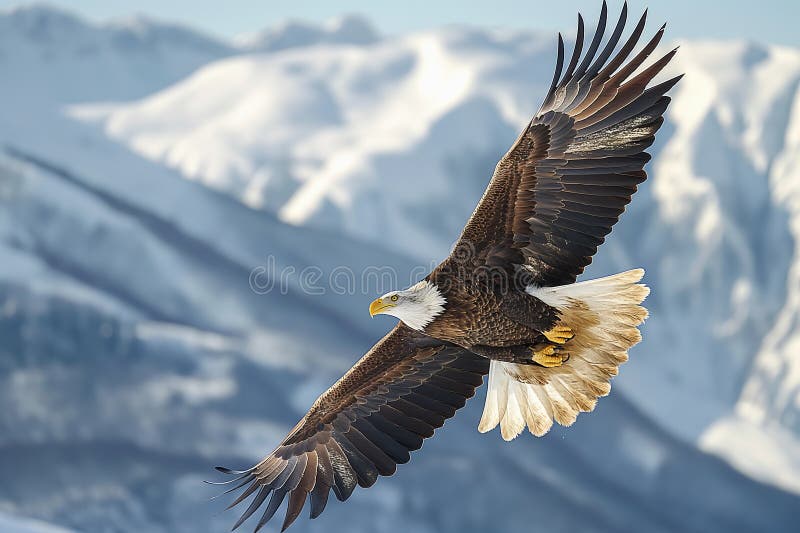Bald Eagle Soaring in Clear Sky Over Snowy Mountains Stock Image ...