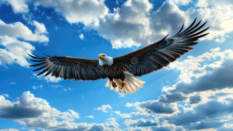 A Bald Eagle Soaring through a Cloudy Blue Sky Stock Image - Image of blue, generated: 388048089