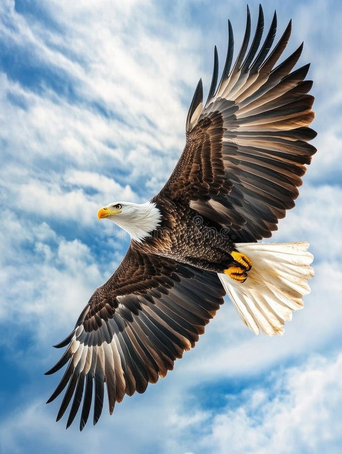 A Bald Eagle Soaring through a Cloudy Blue Sky Stock Image - Image of nature, generated: 388083453
