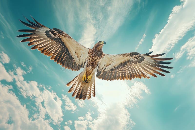 Bald Eagle Soaring through Cloudy Blue Sky Stock Photo - Image of prey ...