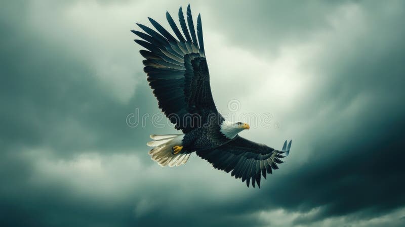 A Bald Eagle Soaring through a Cloudy Sky Stock Image - Image of clouds, flight: 387876329