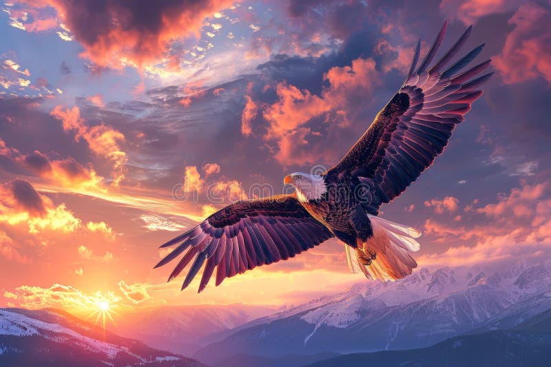 Bald Eagle Soaring in Detailed Photorealistic Scene with Dramatic Clouds and Vibrant Sunset ...