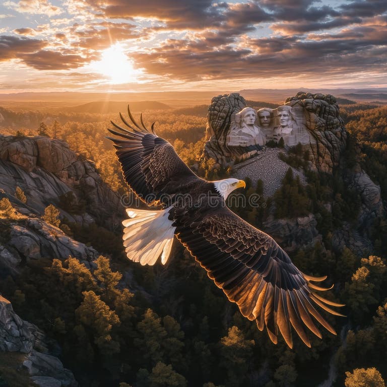 A Bald Eagle Soaring in Front of Mountains Adorned with the Presidents ...