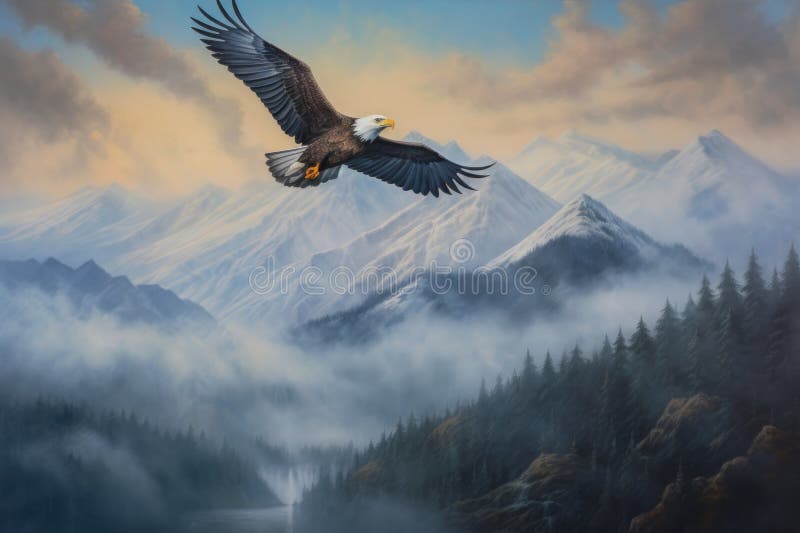 Bald Eagle Soaring High Above a Misty Mountain Range Stock Illustration ...