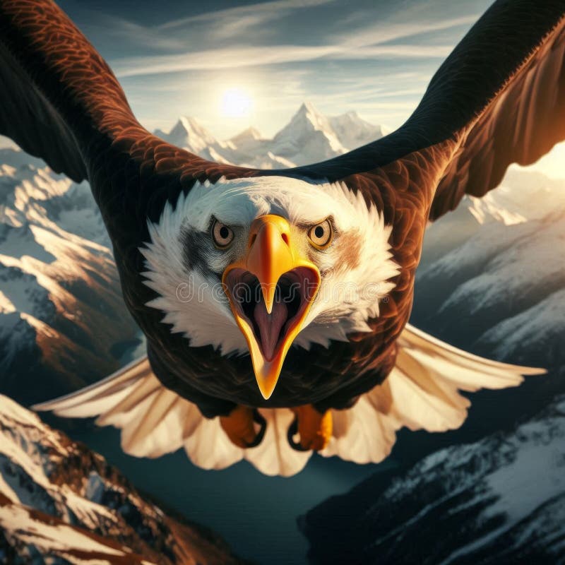 A Bald Eagle Soaring High Over the Mountains of North America, with Its ...