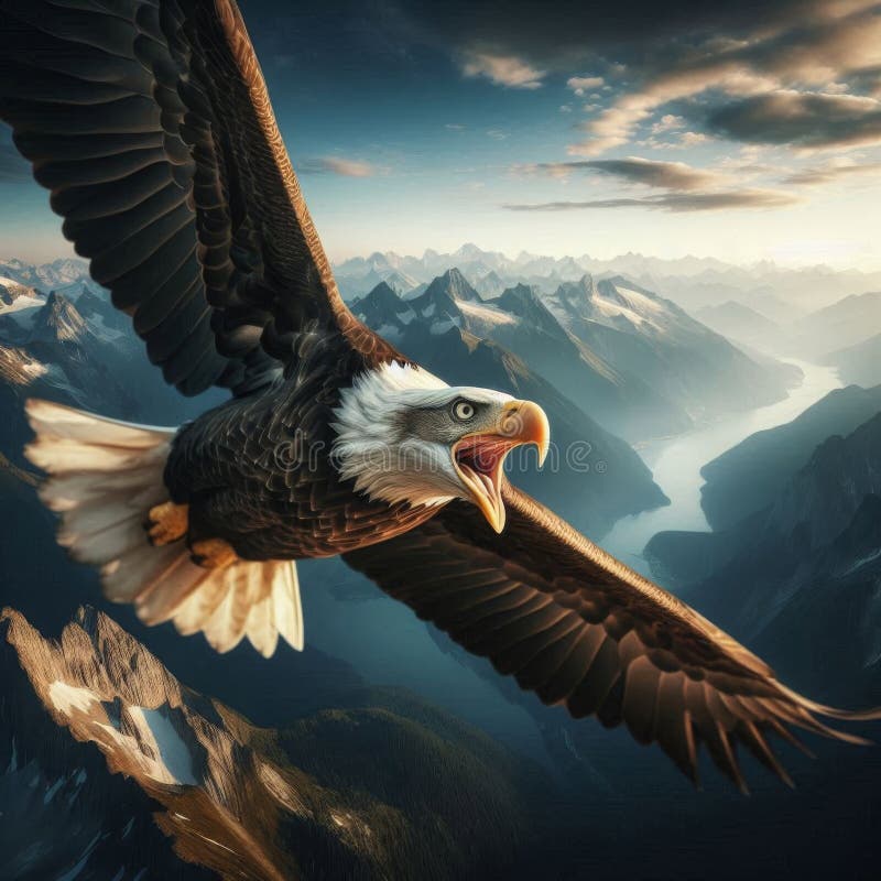 A Bald Eagle Soaring High Over the Mountains of North America, with Its ...