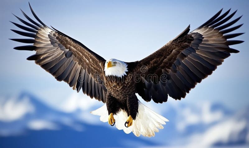 Bald Eagle Soaring Majestically in Clear Blue Sky Over Snowy Mountains, Showcasing Powerful ...