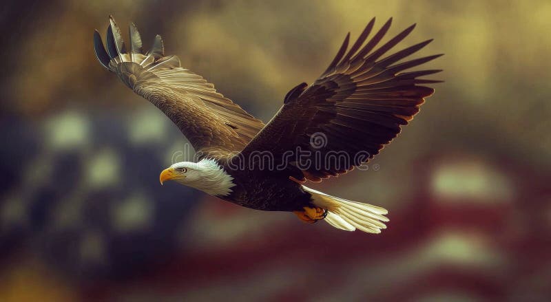 Bald Eagle Soaring Against a Backdrop of the American Flag Stock Photo ...