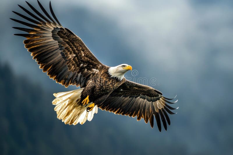 Bald Eagle Soaring with Open Wings Against a Cloudy Sky Backdrop Stock Illustration ...