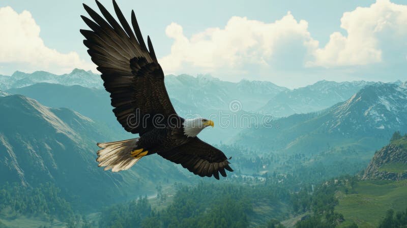 Bald Eagle Soaring Over Majestic Mountains with Intense Focus and Stunning Feather Details Stock ...