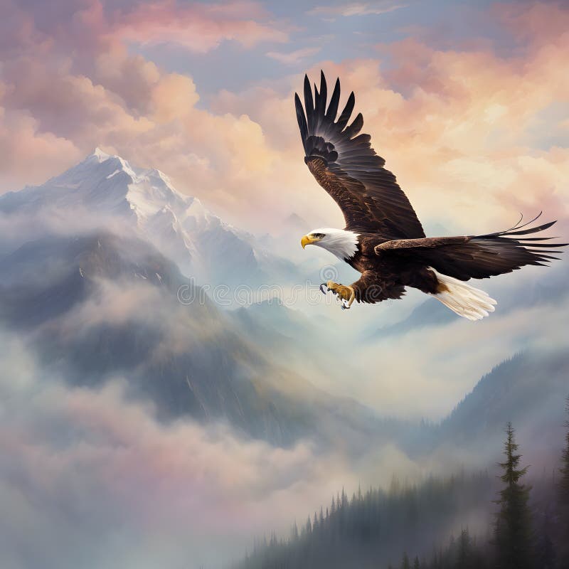 Bald Eagle Soaring Over Mountain Landscape in a Cloudy Sky Stock Image - Image of depicted, body ...