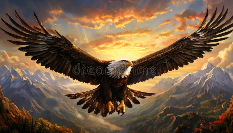 Bald Eagle Soaring Over Mountain Range during a Vibrant Sunset Stock ...