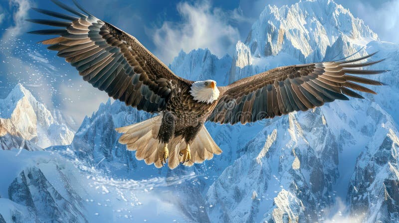 Bald Eagle Soaring Over Snow-Covered Mountain Range Stock Photo - Image ...