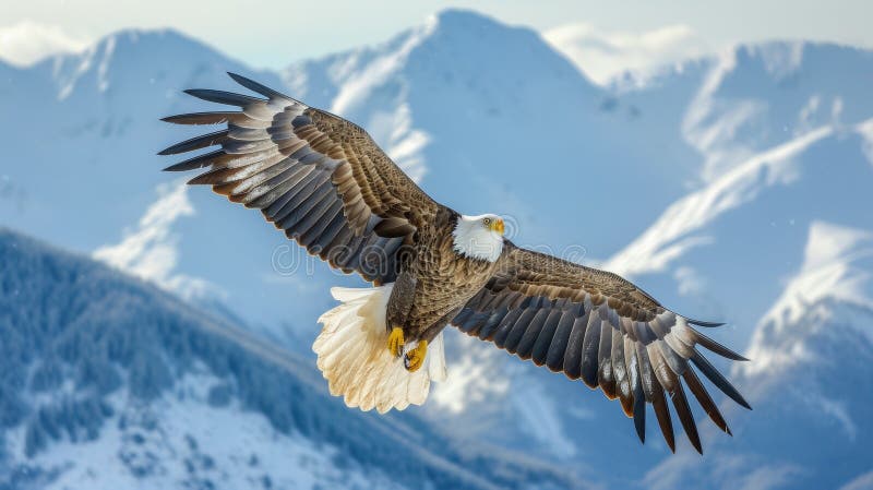 A Bald Eagle Soaring Over a Snowy Mountain Range with Snow Capped Peaks ...