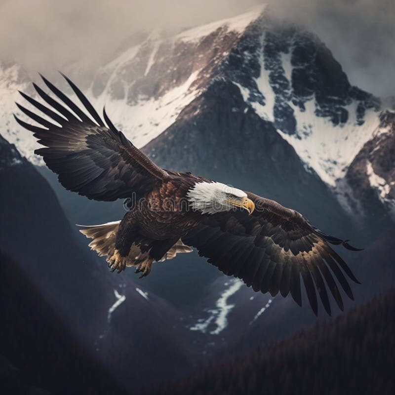 A Bald Eagle Soaring in the Sky Above a Rugged Mountain Range Stock ...