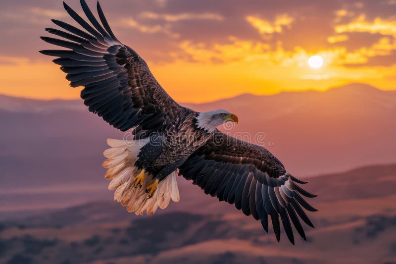 Bald Eagle Soaring at Sunset Over Scenic Landscape Stock Illustration - Illustration of raptor ...