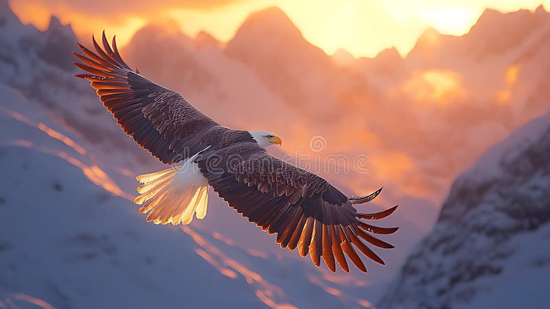 Bald Eagle Soaring Sunset Snowy Mountains Stock Illustration - Illustration of bald, snowy ...