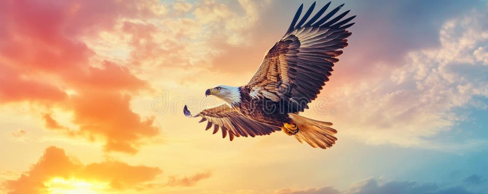 Bald Eagle Soaring in Vibrant Sunset Sky Stock Image - Image of peaceful, soaring: 334750009