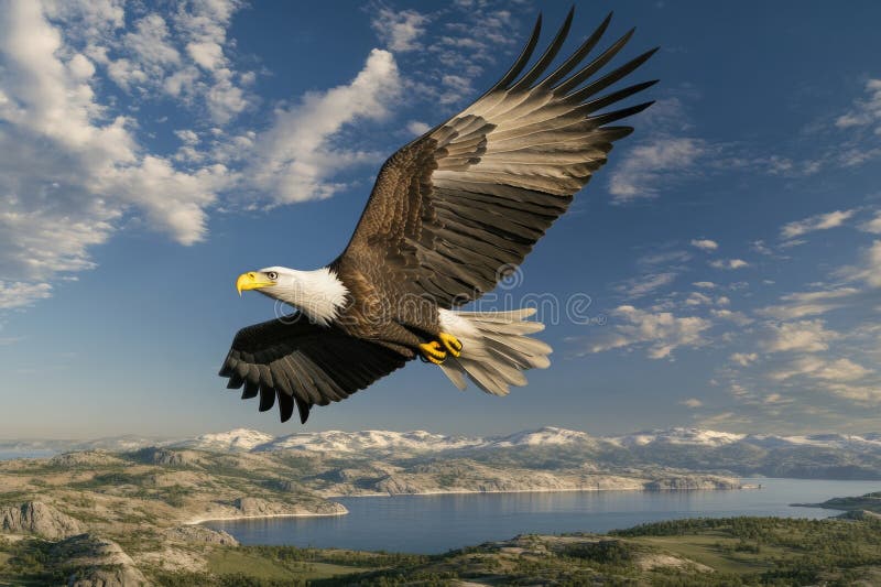 A Bald Eagle Soars Above the Calm Surface of a Lake Surrounded by ...
