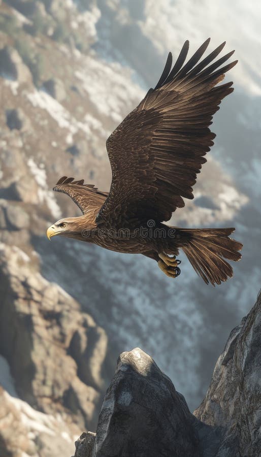 A Bald Eagle Soars Above Rugged Mountains, Intently Observing the ...