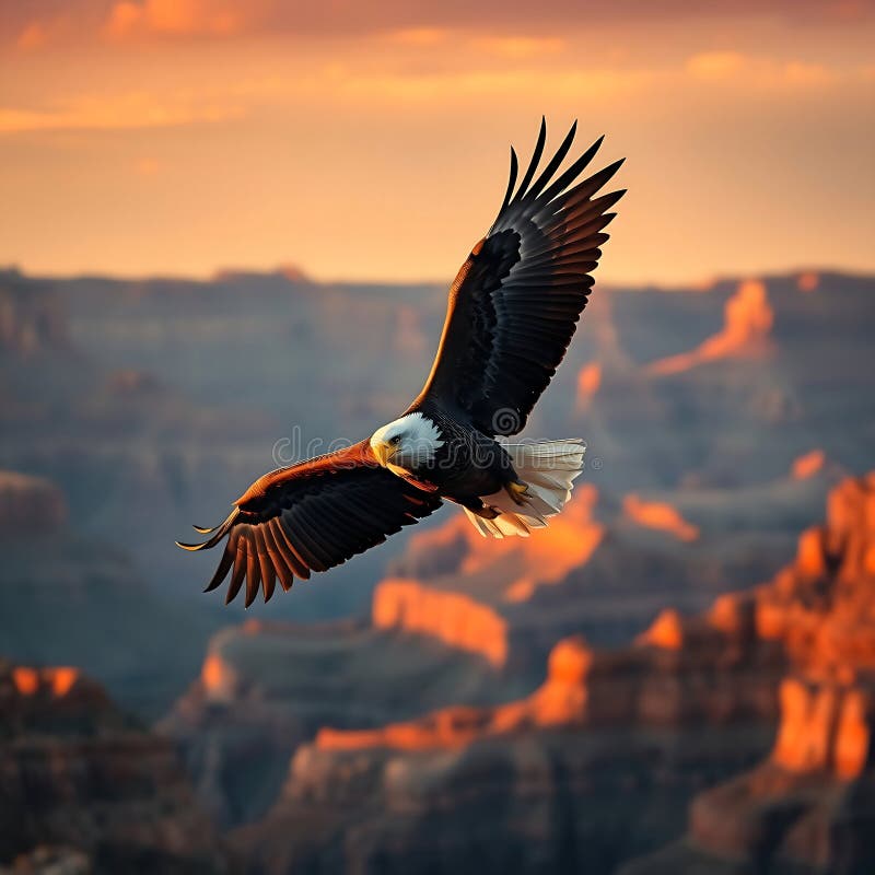 A Bald Eagle Soars Against a Vibrant Sunset Backdrop. Its Wings are ...