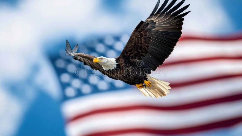 A Bald Eagle Soars in Front of a Blurry American Flag, Symbolizing ...