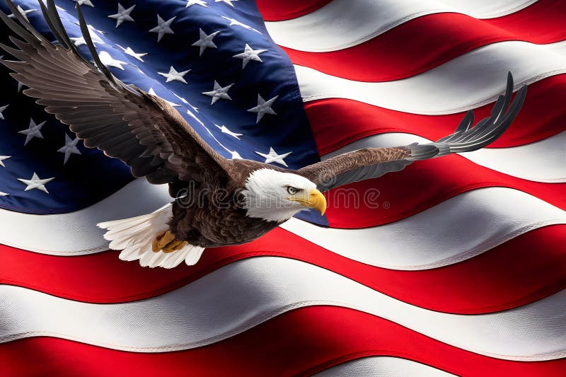 Bald Eagle Soars in Front of Vibrant American Flag, Wings Spread Wide ...