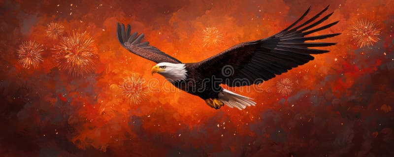 A Bald Eagle Soars High Above the Night Sky Filled with Fireworks and ...