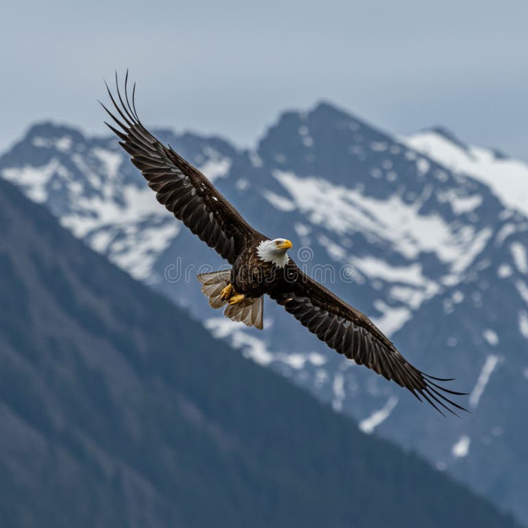 A Bald Eagle Soars Majestically with Its Wings Fully Extended Against a ...
