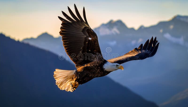 Bald Eagle Soars Majestically Over a Stunning Mountain Range Stock ...