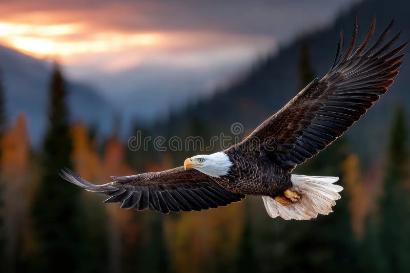 Majestic Bald Eagle Soaring at Sunset Over Mountains Stock Image ...