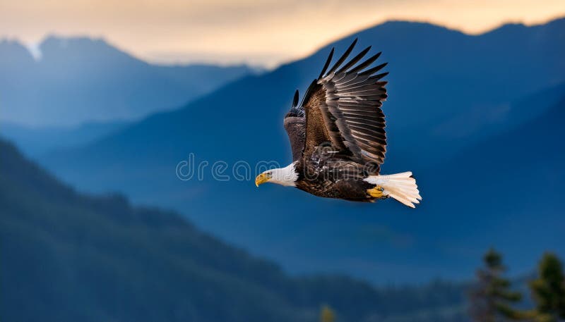Bald Eagle Soars Over a Majestic Mountain Range at Sunset Stock Illustration - Illustration of ...