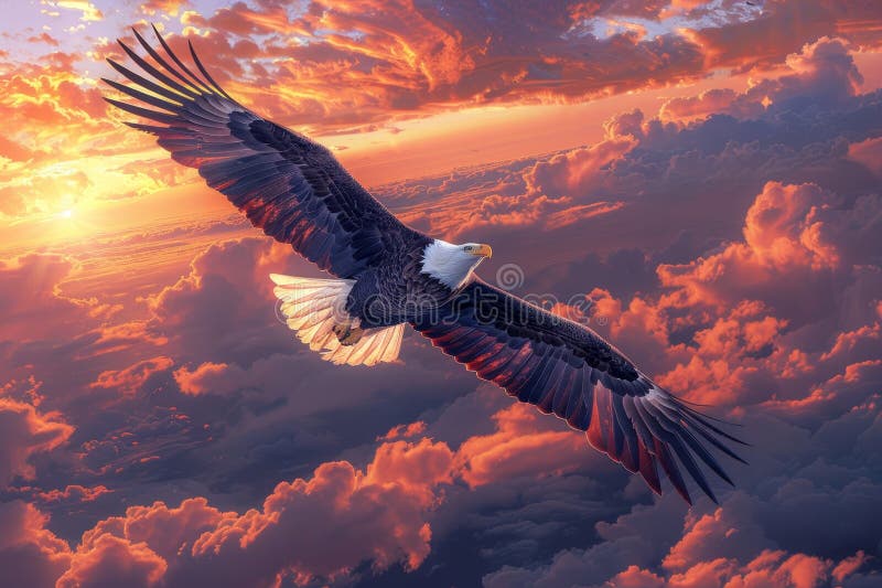 Bald Eagle in Spotlight Against Vibrant Sunset and Dramatic Clouds, Photorealistic Scenery Stock ...