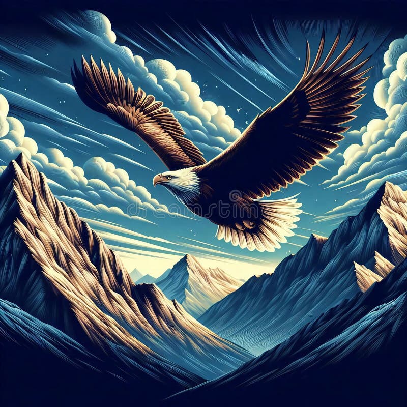 A Bald Eagle with Spread Wings, a Full Moon, and Mountainous Terrain. Stock Illustration ...