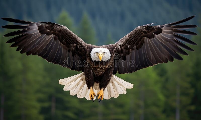 Bald Eagle Spreads Wings in Front of Forest Stock Illustration ...