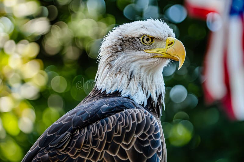 Bald Eagle is Standing in Front of a Flag Stock Image - Image of prey ...