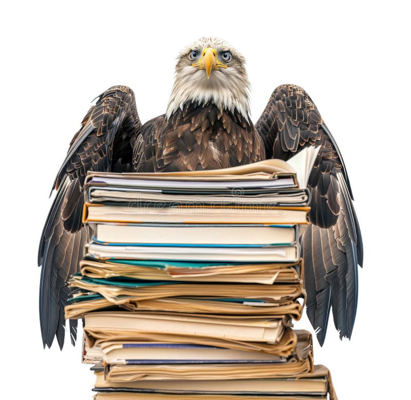 A Bald Eagle Stands Guard Over a Towering Stack of Books Stock Image ...