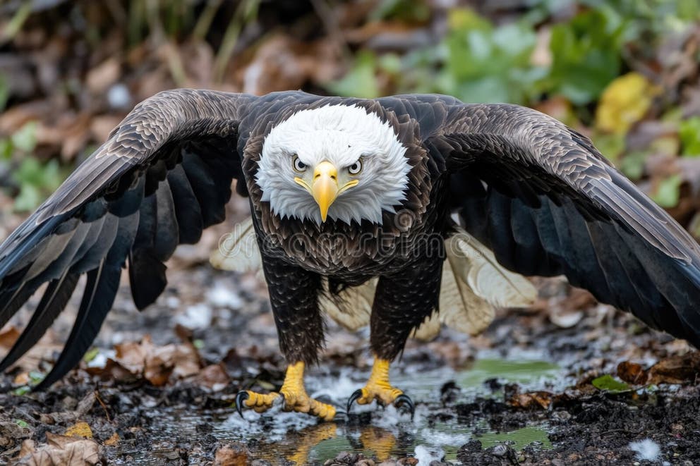 A Bald Eagle Stands in a Puddle, Its Feathers Ruffled from Splashing Stock Photo - Image of ...