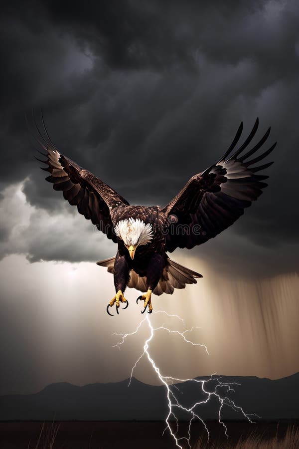 Bald Eagle in Stormy Sky with Lightning. 3d Rendering Stock ...