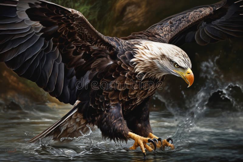 Bald Eagle Swooping in and Catching a Fish Stock Illustration ...