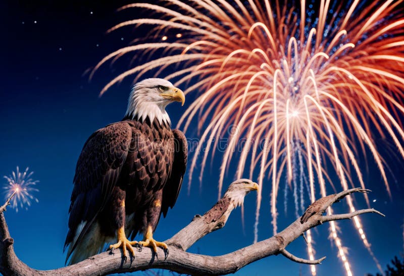 A Bald Eagles Sitting on a Branch with Fireworks in the Background ...