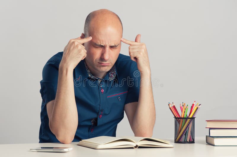 Bald guy serious thinking stock image. Image of temples - 83639533